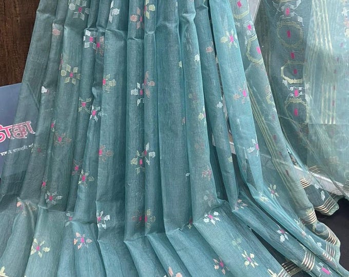 84 Counts Handloom Dhakai Jamdani Saree From Bangladesh || Pastel Blue ...