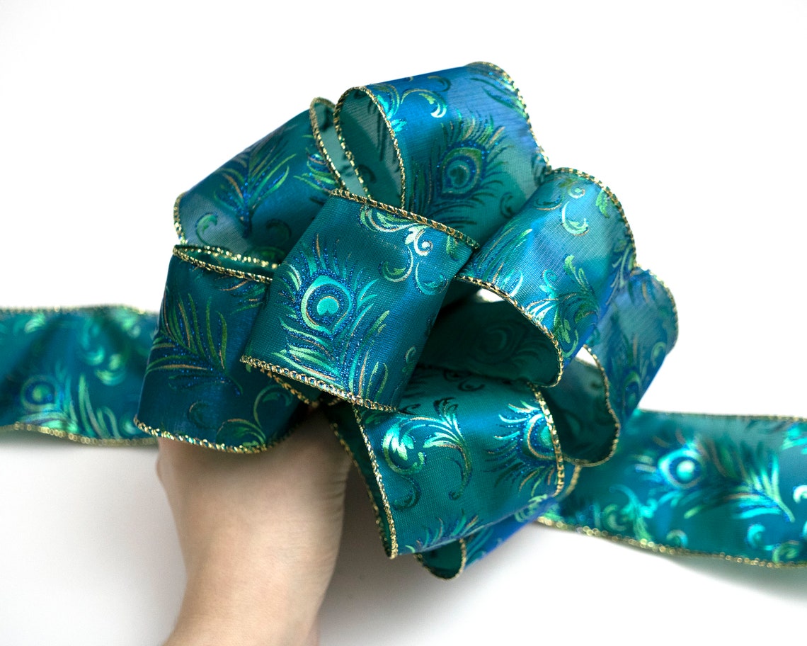 2m X Peacock Ribbon With Wired Edge Glittered Feather | Etsy
