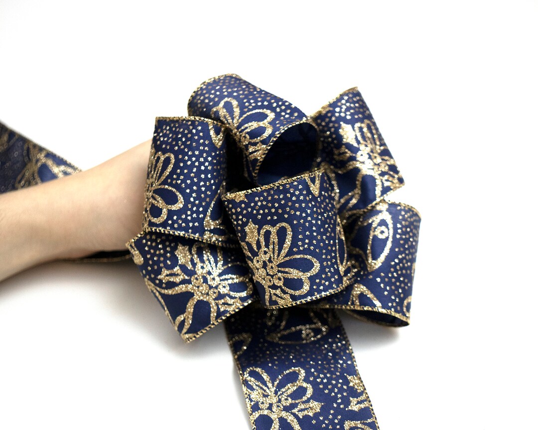 2m X Midnight Blue Ribbon With Wired Edge Festive Ribbon Gold - Etsy UK