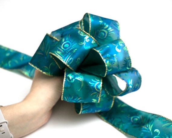 2m X Peacock Ribbon With Wired Edge Glittered Feather | Etsy