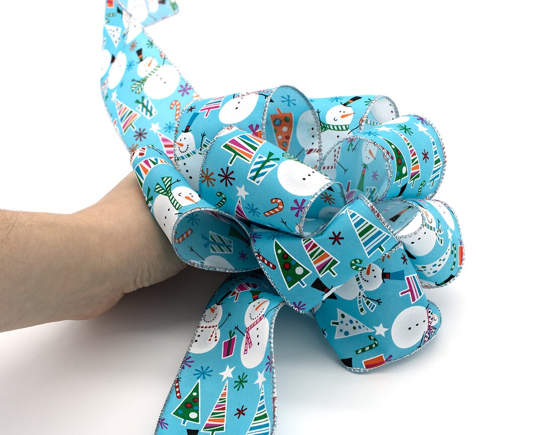2m X Blue Snowman Ribbon With Wired Edge, 6.3cm Luxury Christmas Wreath ...