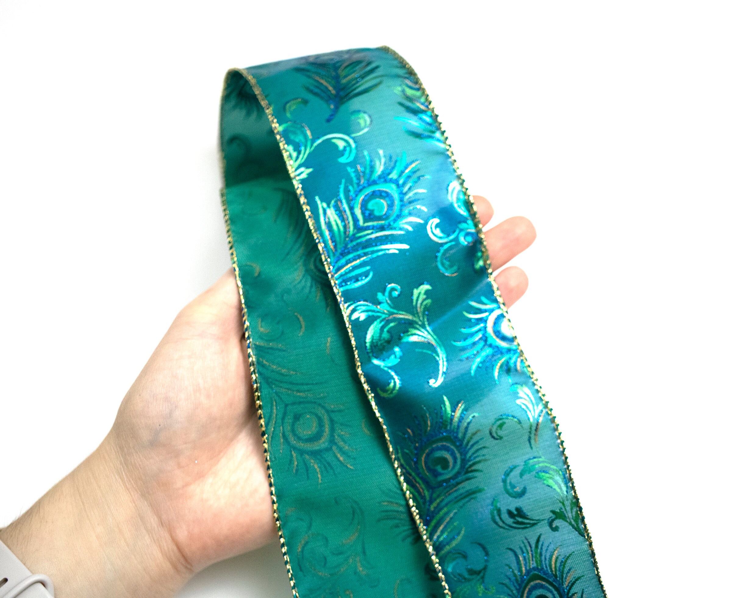 2m X Peacock Ribbon With Wired Edge Glittered Feather Christmas Ribbon ...