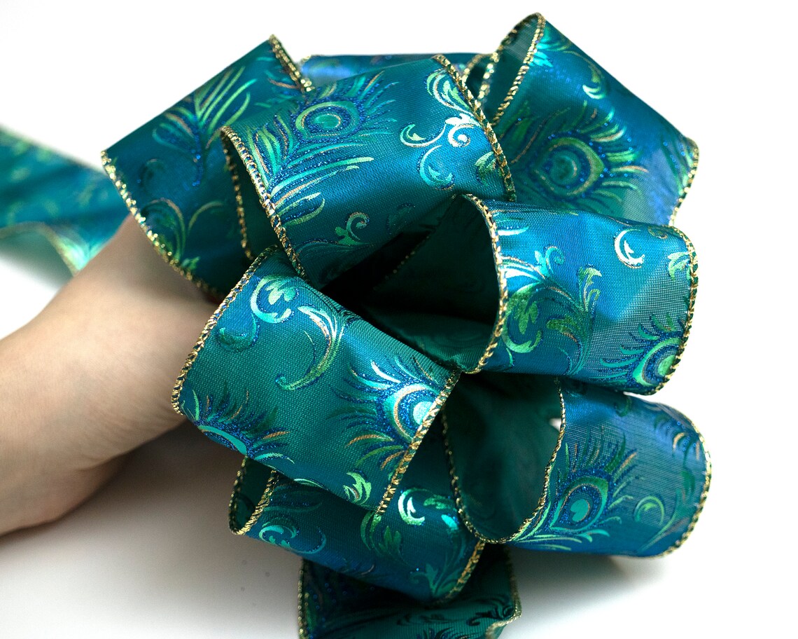 2m X Peacock Ribbon With Wired Edge Glittered Feather | Etsy