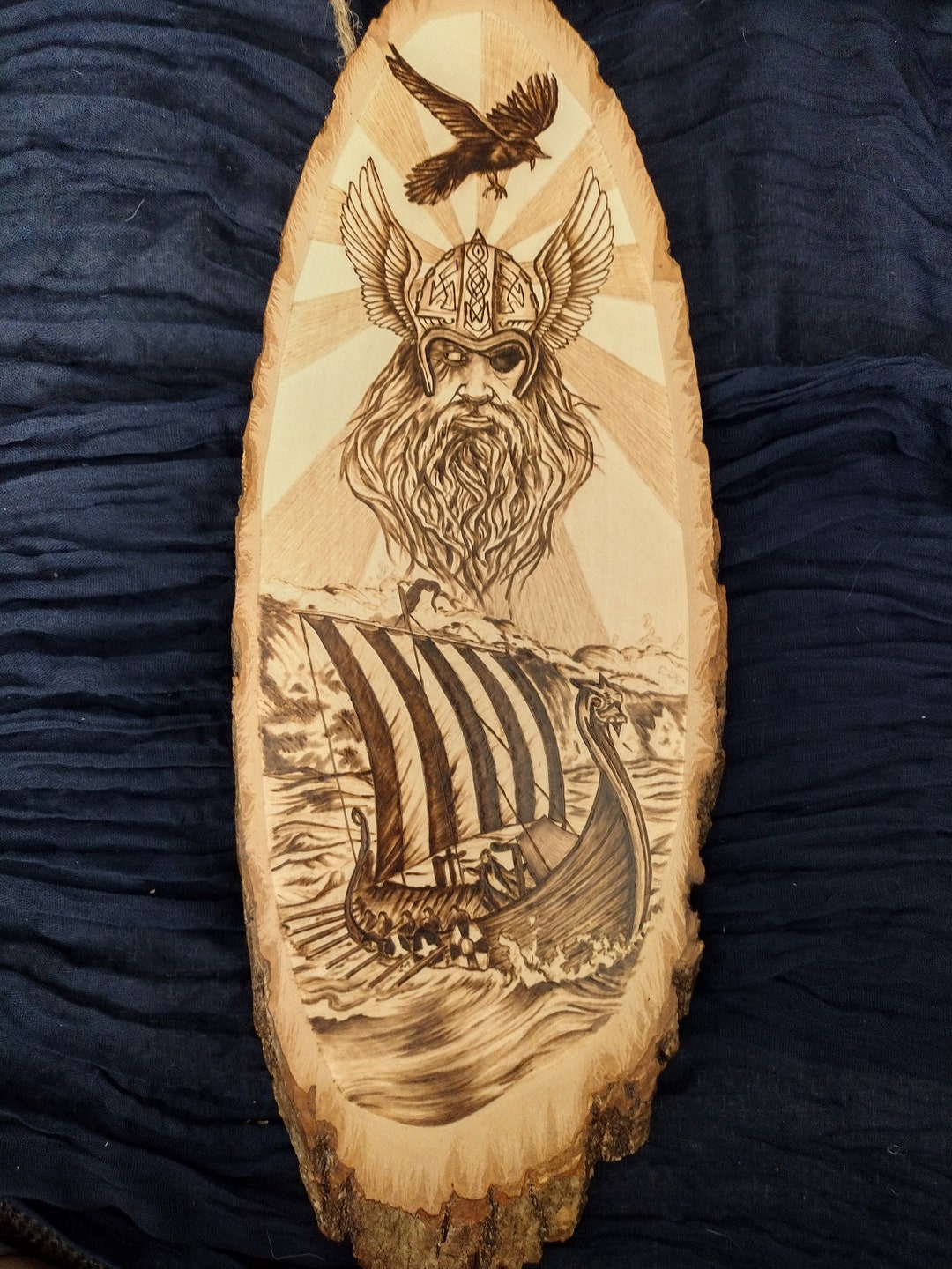 Hand Burned Viking God Odin and Longship Wood Burning on Basswood Oval ...