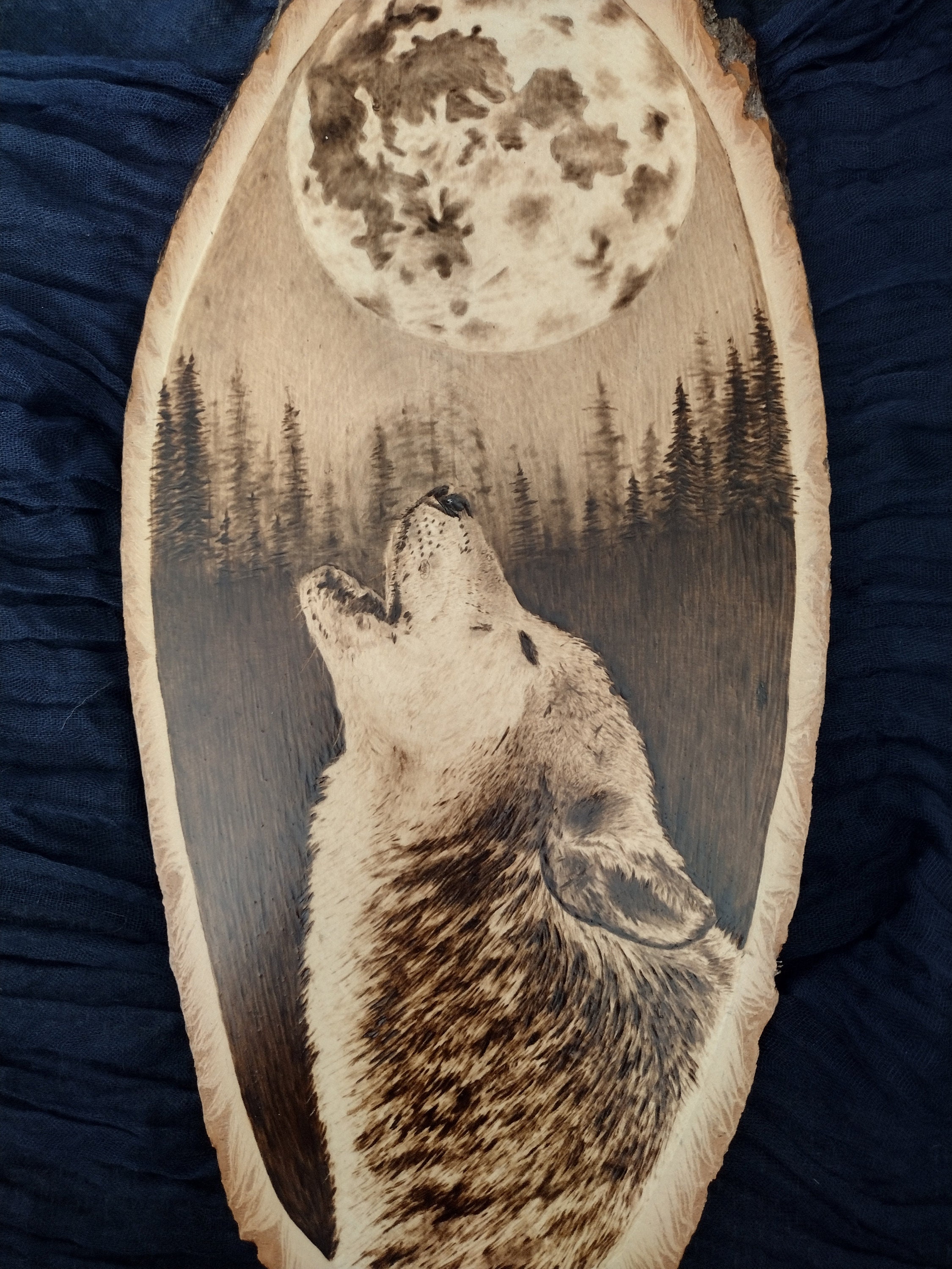 Hand Burned Wolf Howling at the Moon Wood Burning on Basswood Oval With ...