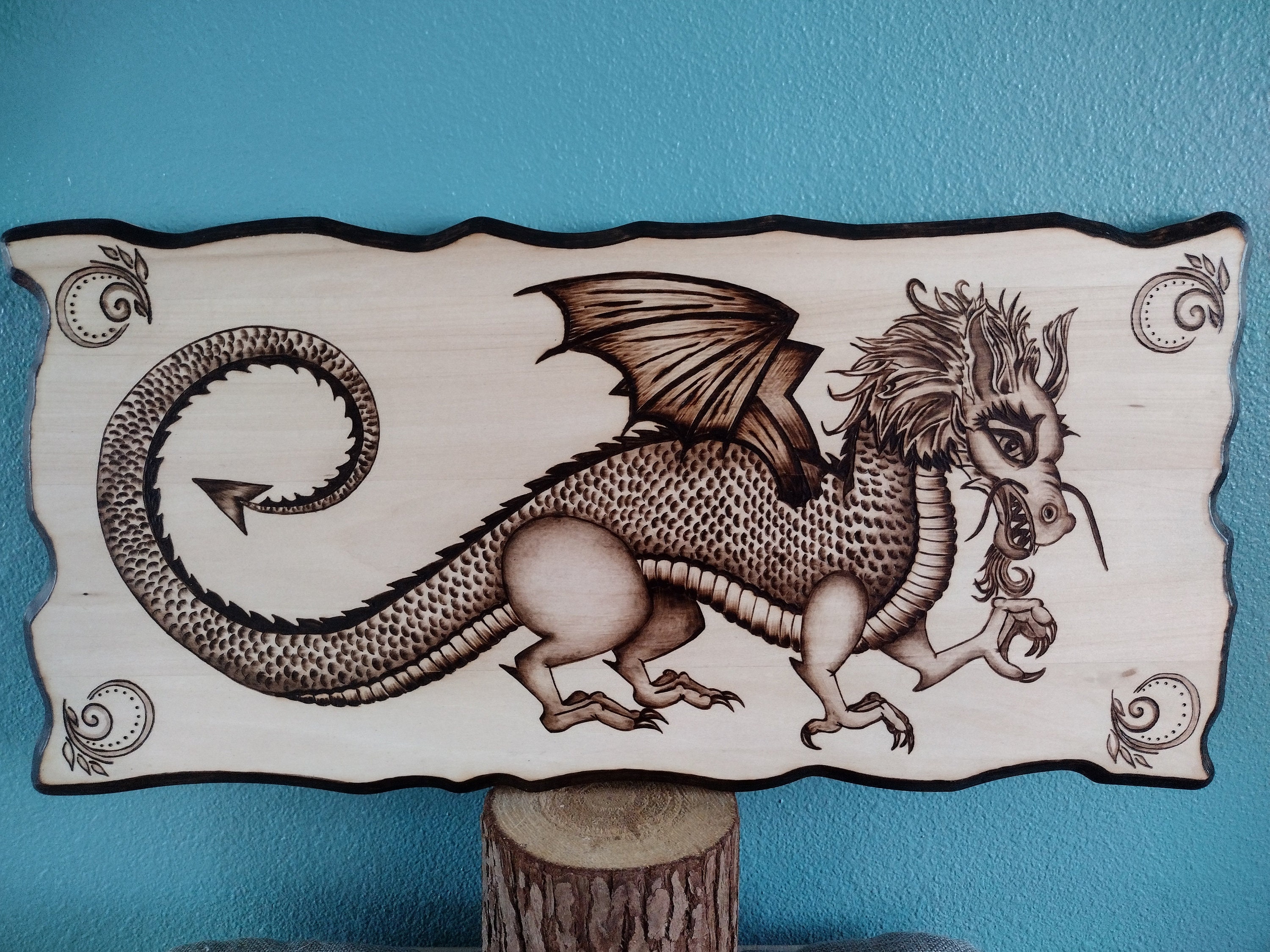 Hand Burned Large Dragon Wood Burning on Wood Plaque. Pyrography, Great ...
