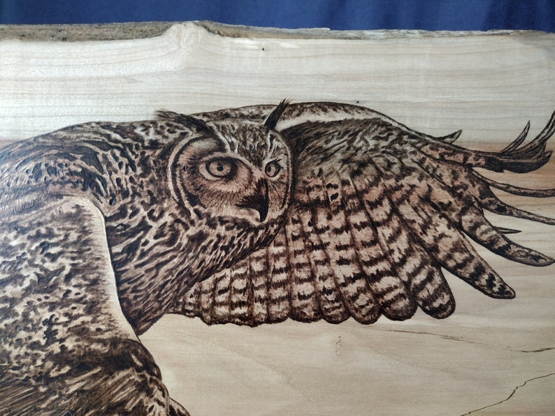 Large Hand Burned Flying Great Horned Owl Wood Burning on Cherry Wood ...