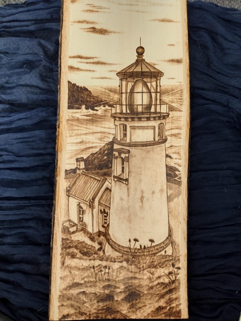 Hand Burned Heceta Head Lighthouse Wood Burning on Basswood With Bark ...