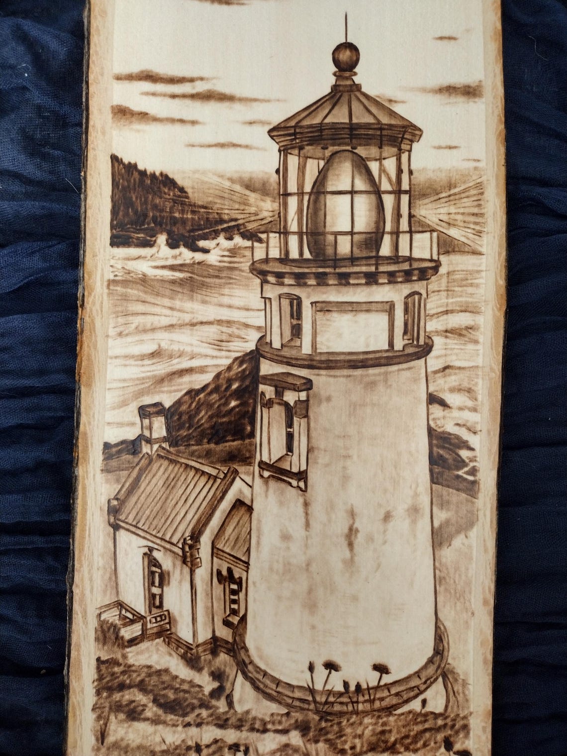 Hand Burned Heceta Head Lighthouse Wood Burning on Basswood With Bark ...
