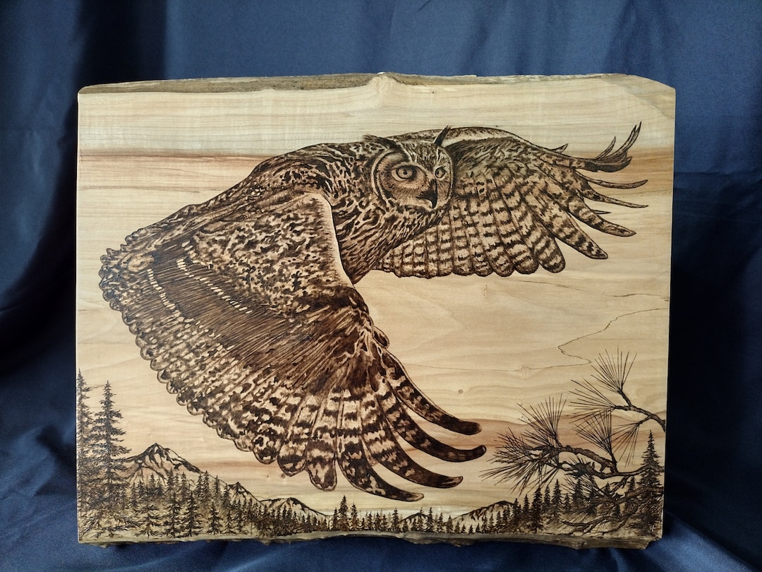 Large Hand Burned Flying Great Horned Owl Wood Burning on Cherry Wood ...