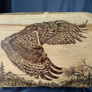 Large Hand Burned Flying Great Horned Owl Wood Burning on Cherry Wood ...