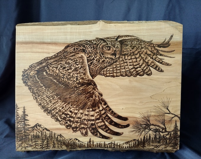 Large Hand Burned Flying Great Horned Owl Wood Burning on Cherry Wood ...