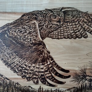 Large Hand Burned Flying Great Horned Owl Wood Burning on Cherry Wood ...