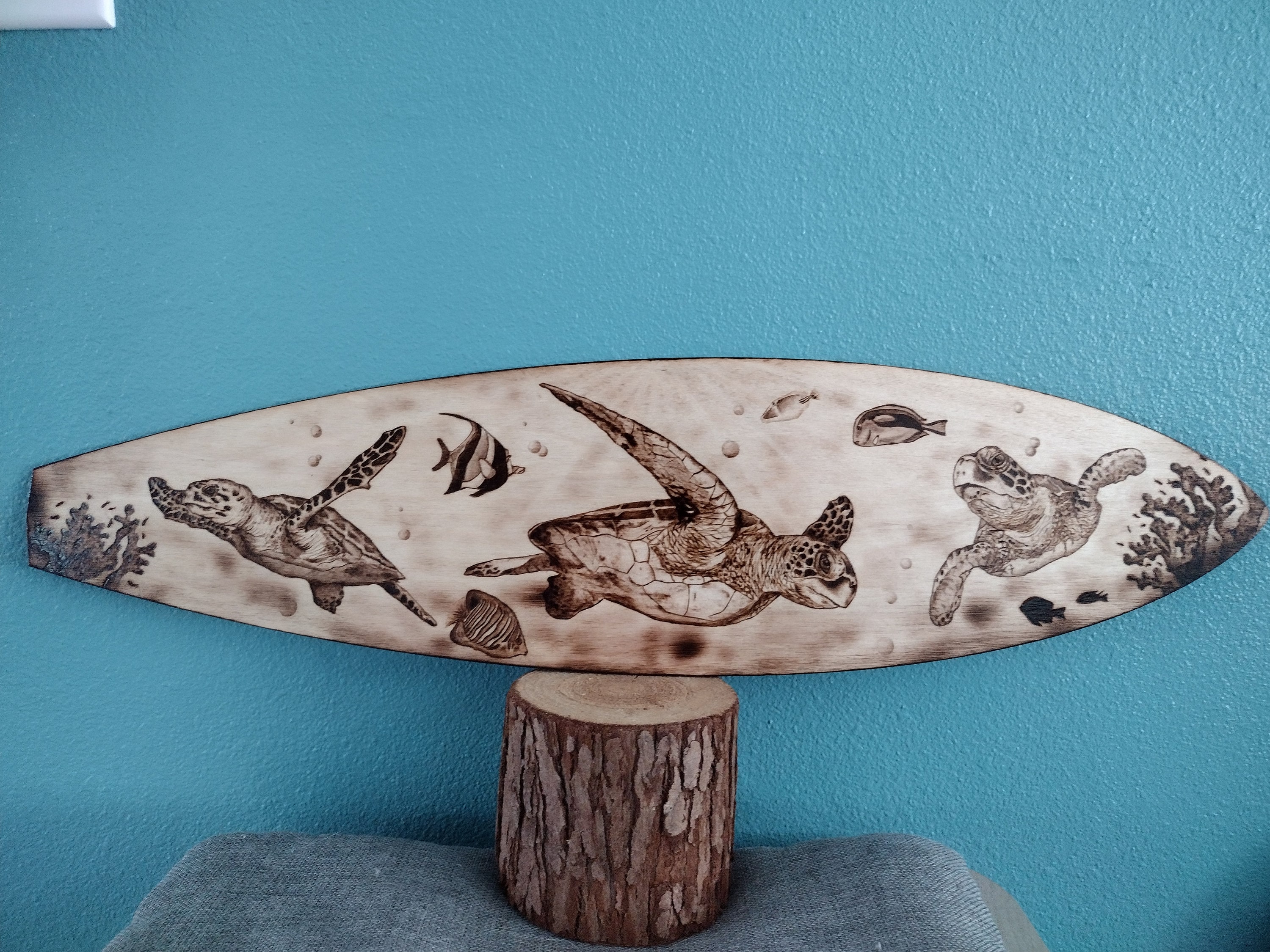 Hand Burned Sea Turtles Wood Burning on Birchwood Surfboard, Pyrography ...