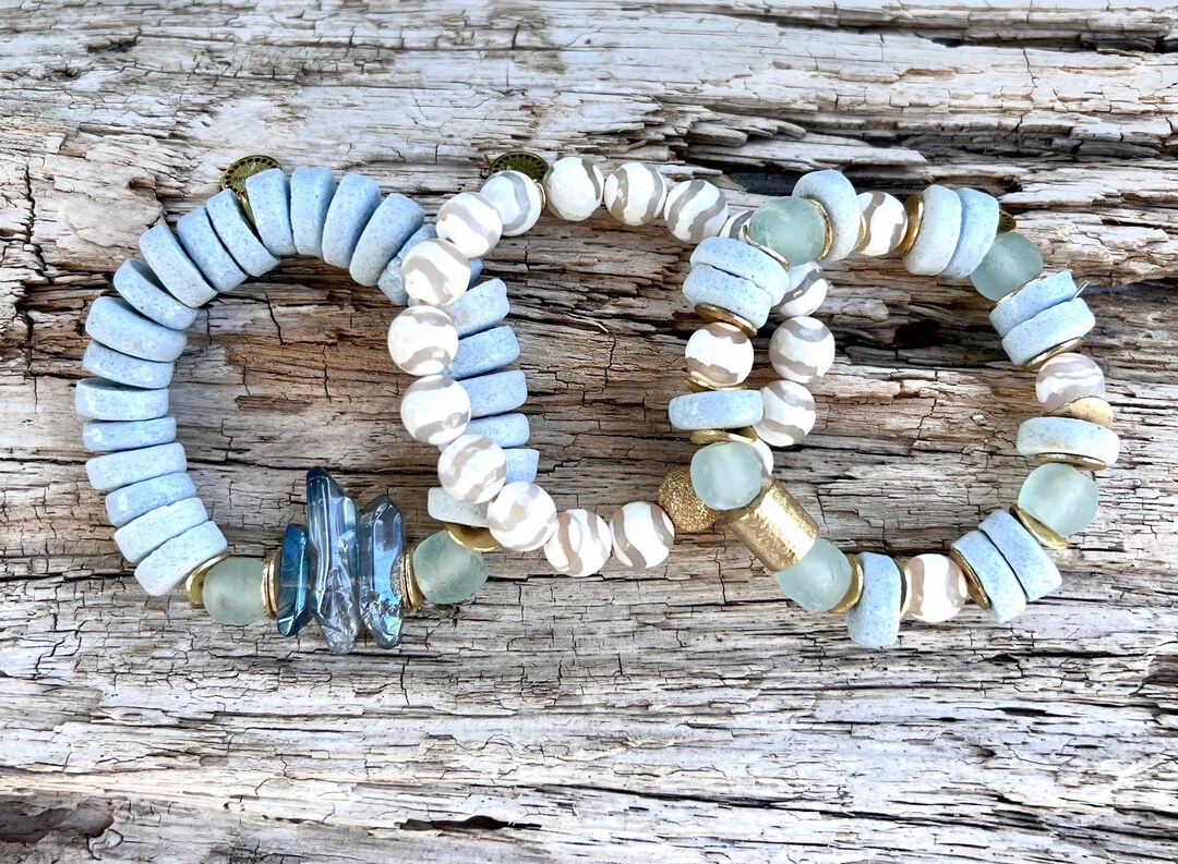 Blue, Aqua and White Bracelet Stack, 18k Gold Plated Accents, African ...