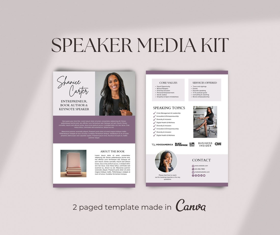 Speaker Media Kit Template, Speaker Sheet, Canva Media Kit for Keynote Speakers, Book Authors ...