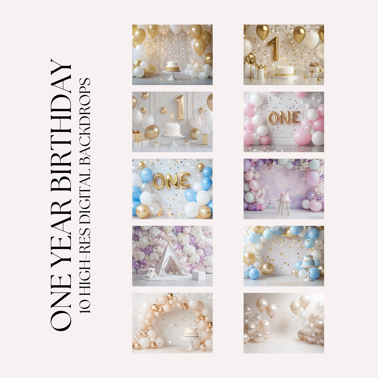 One Year Birthday Digital Backdrops – First Birthday Photo Backgrounds ...