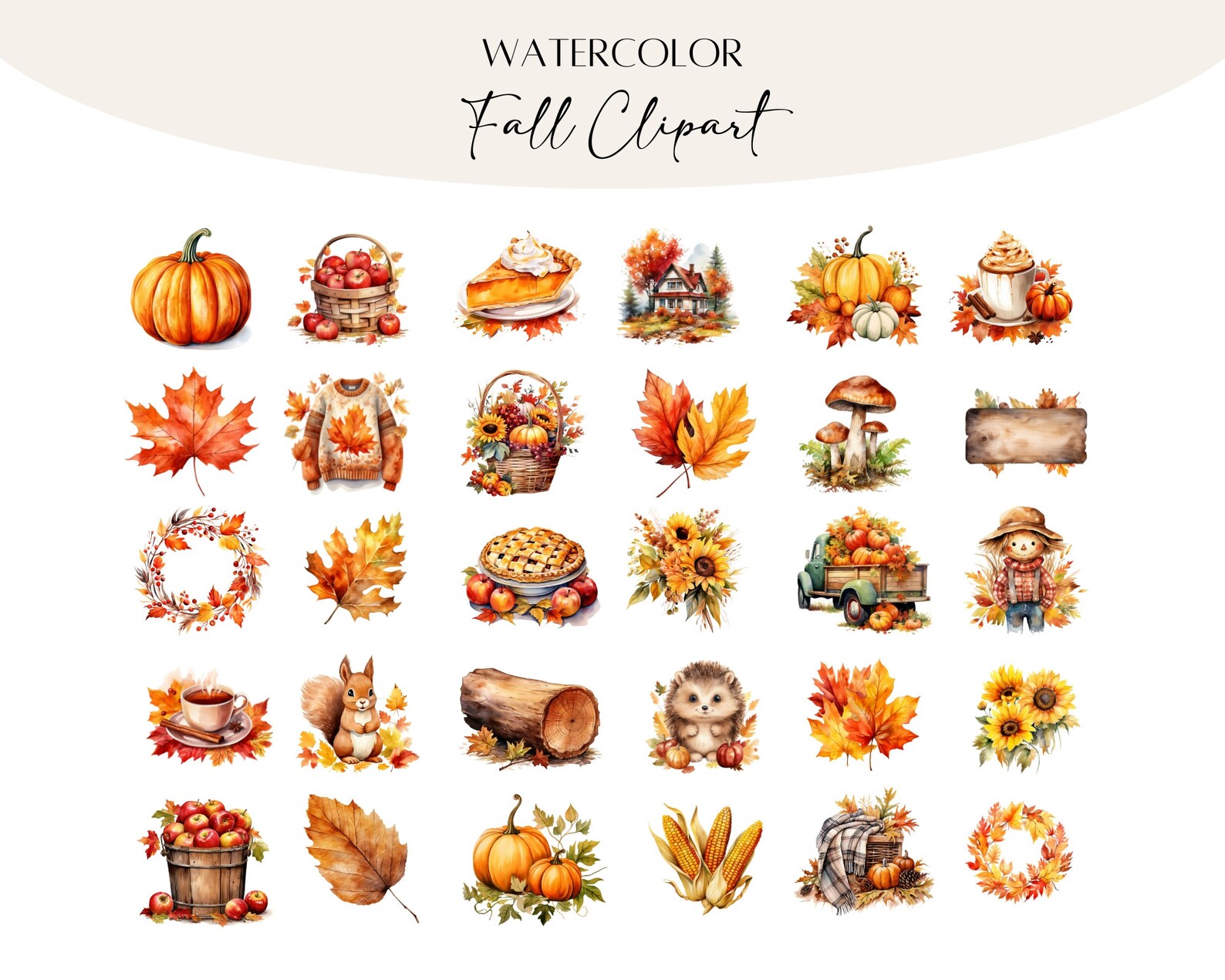 30 Watercolor Fall Clipart, Watercolor Autumn Elements Png Files for ...