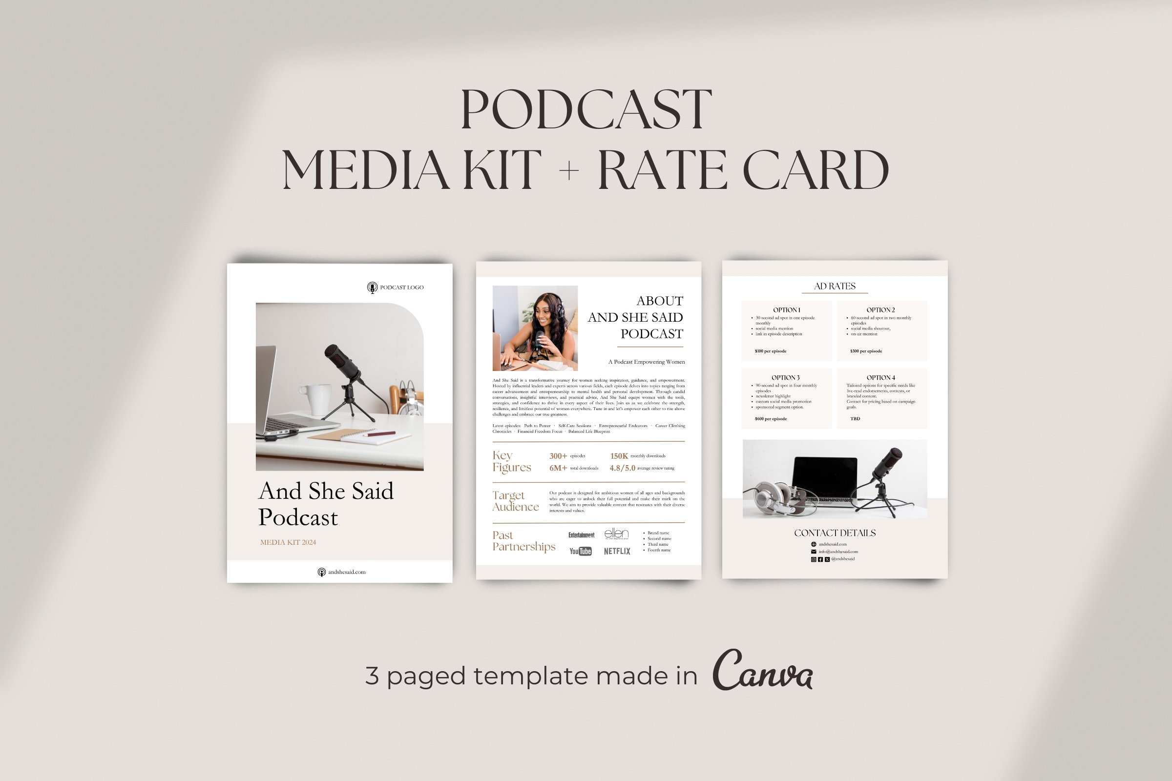Podcast Media Kit Template, Podcast Rate Card, 3 Paged Neutral Tones ...