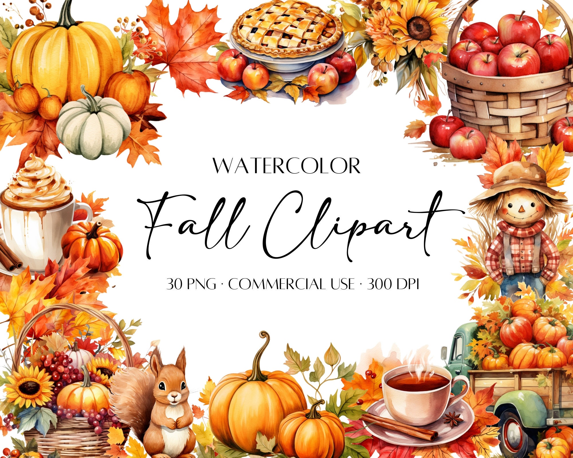 30 Watercolor Fall Clipart, Watercolor Autumn Elements Png Files for ...