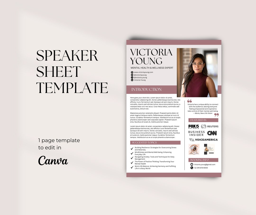 Speaker Sheet Template, Speaker One Sheet Canva Template, Media Kit for ...