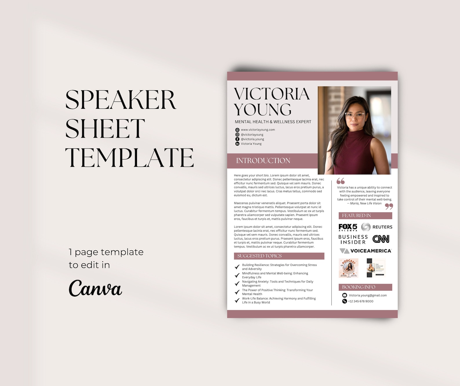 Speaker Sheet Template, Speaker One Sheet Canva Template, Media Kit for ...