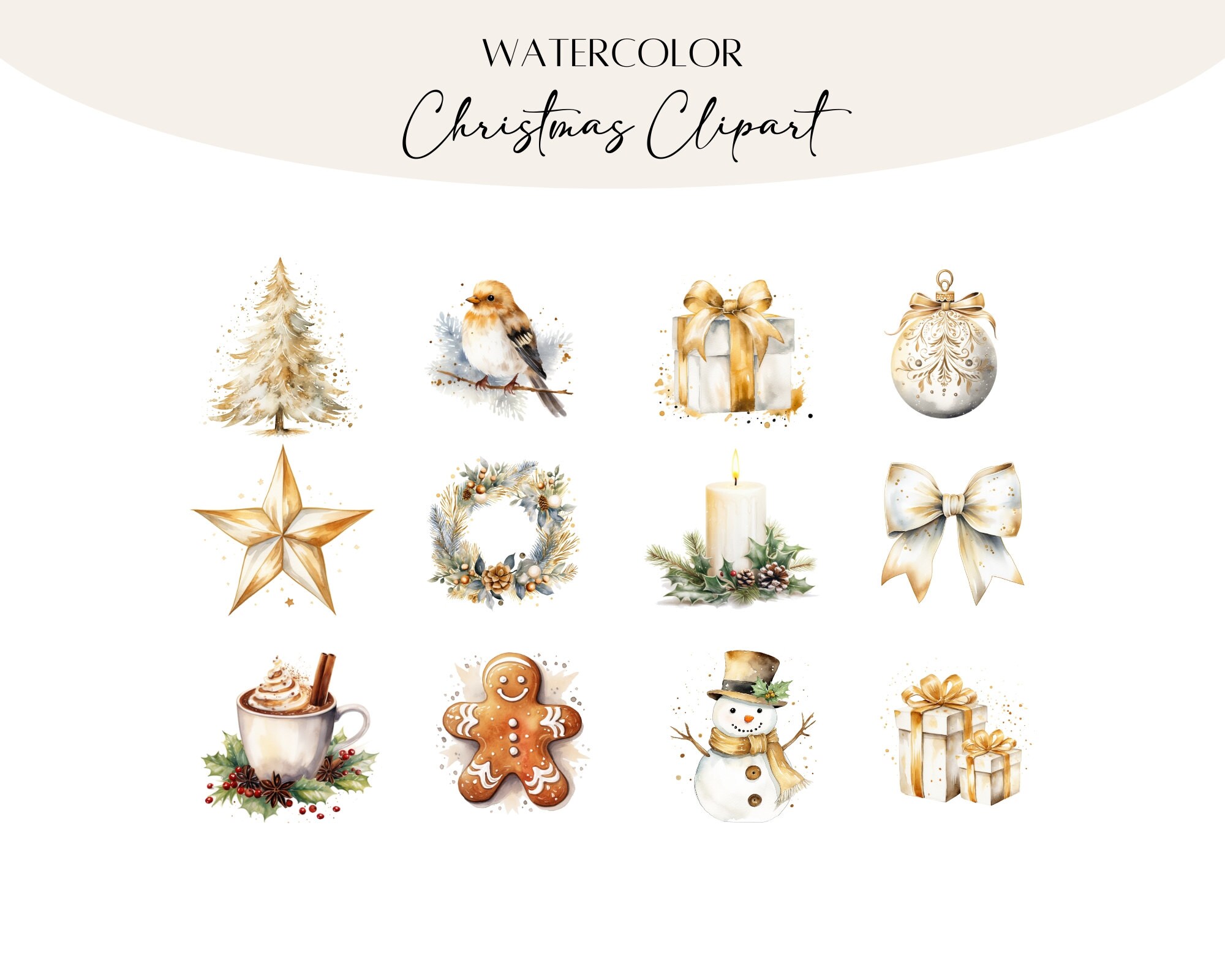 12 Watercolor Christmas Clipart, White and Gold Christmas Elements Png ...