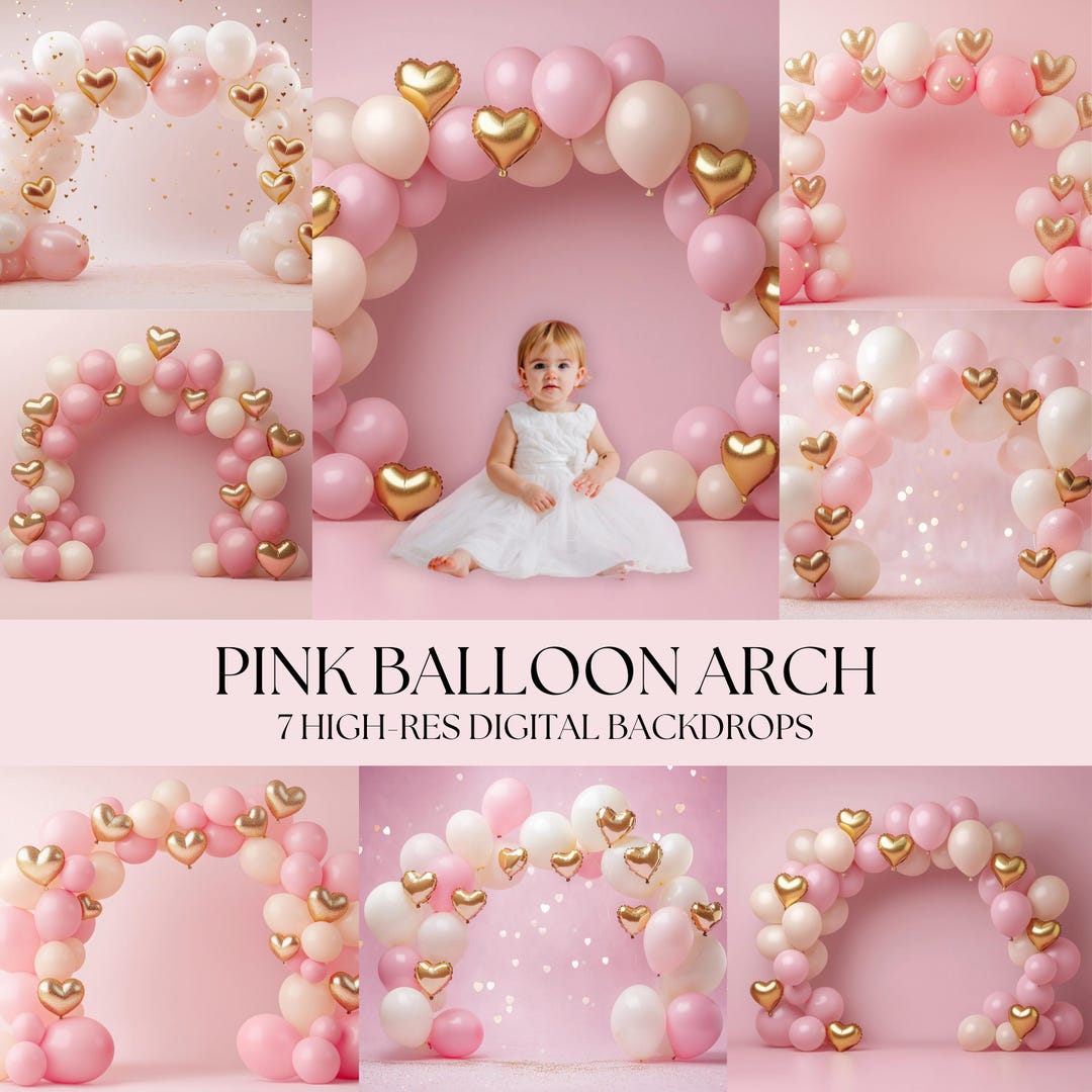 Pink & Gold Balloon Arch Backdrops, Baby Birthday Photo Background ...