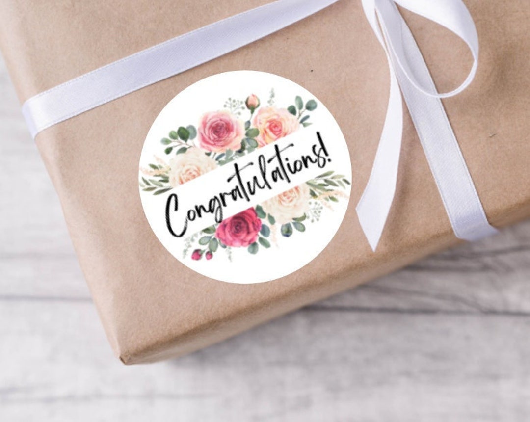 Congratulations Floral Stickers, 20 Piece Sheet of Matte White Round 2 ...
