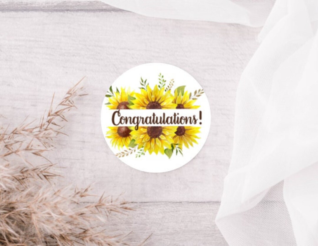 Congratulations Sunflower Stickers, 20 Piece Sheet of Matte White Round ...