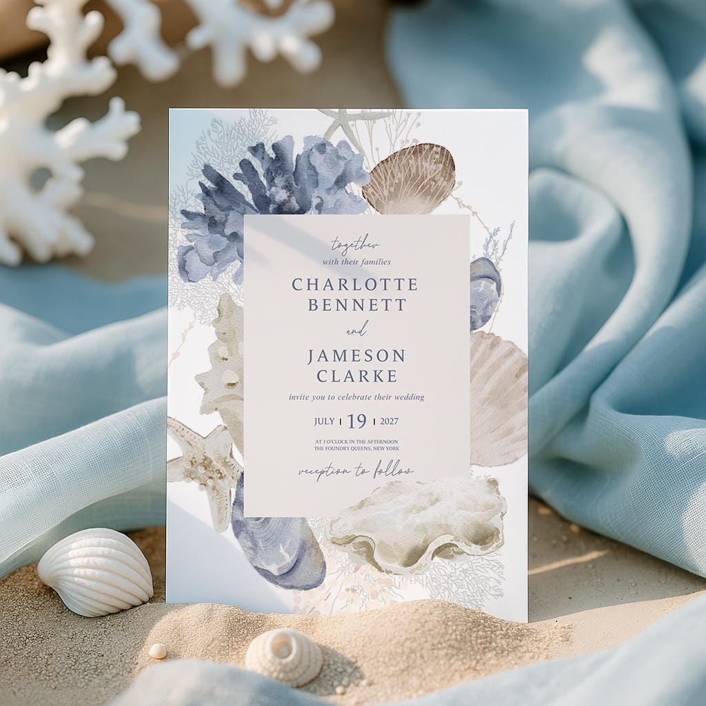 Beach Wedding Invitation Template: Coastal Seashells, Editable Canva ...