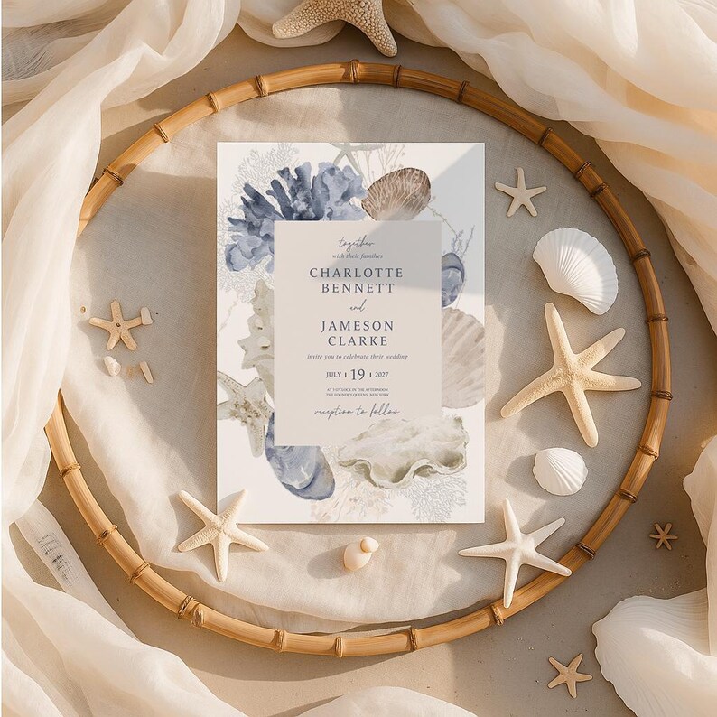 Beach Wedding Invitation Template: Coastal Seashells, Editable Canva ...