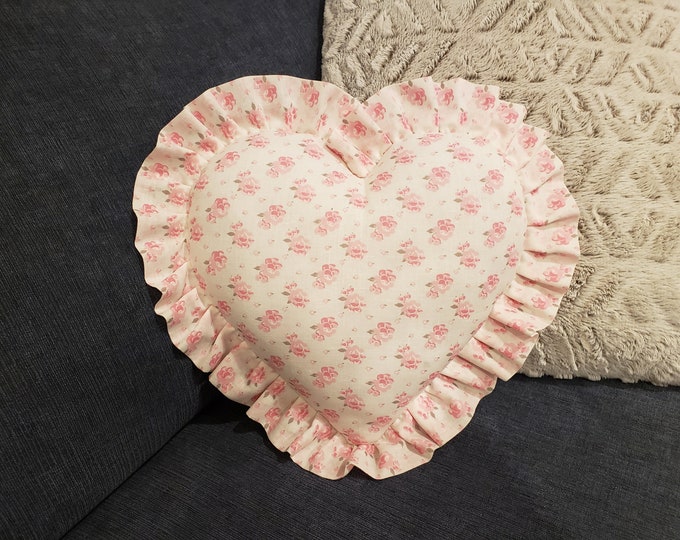 Ruffle Heart Pillow, Pink Floral Pillow, Farmhouse Country Decor ...