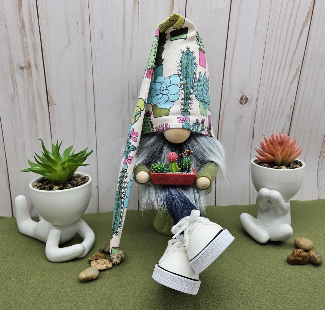 Succulent Sitting Gnome With Plants and Stand, Handmade Gnome With ...
