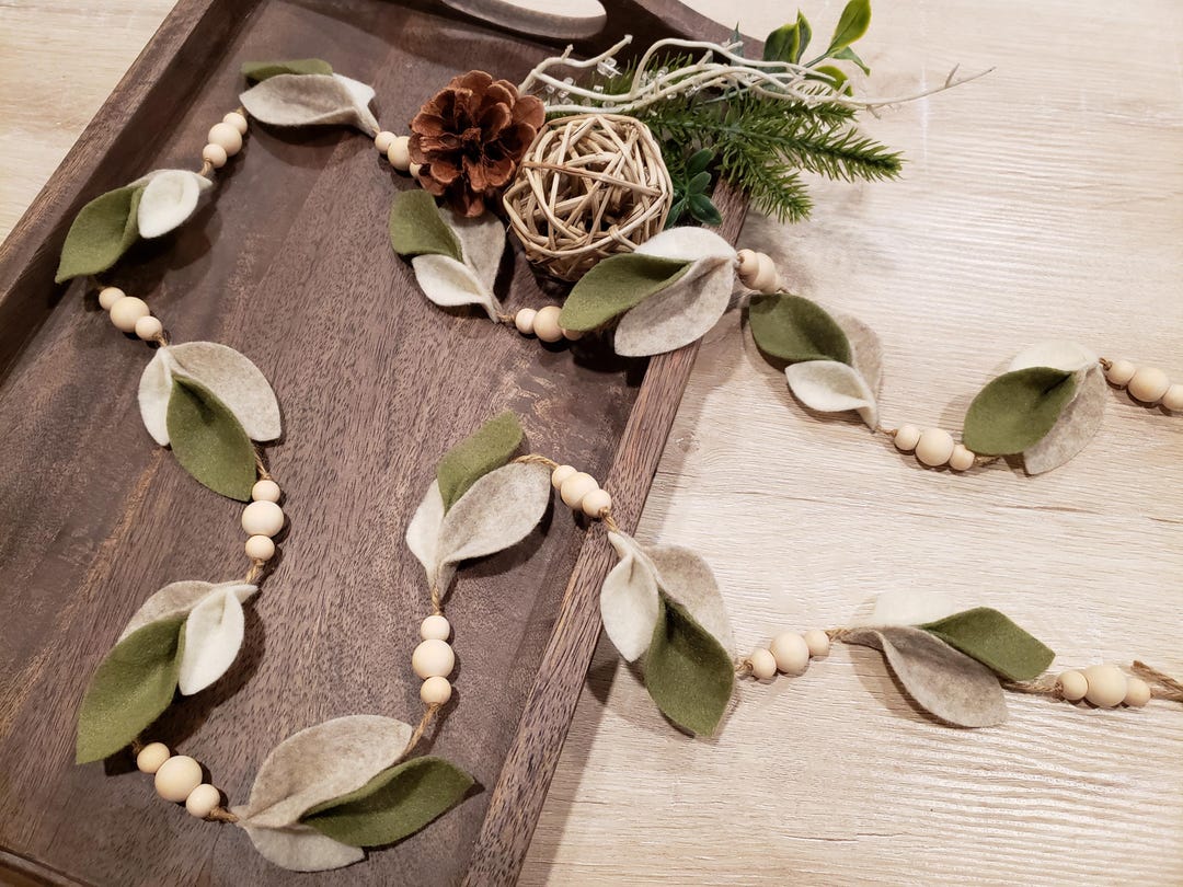 Felt Leaf Garland, Leaves and Beads Garland, Farmhouse Mantle Table ...