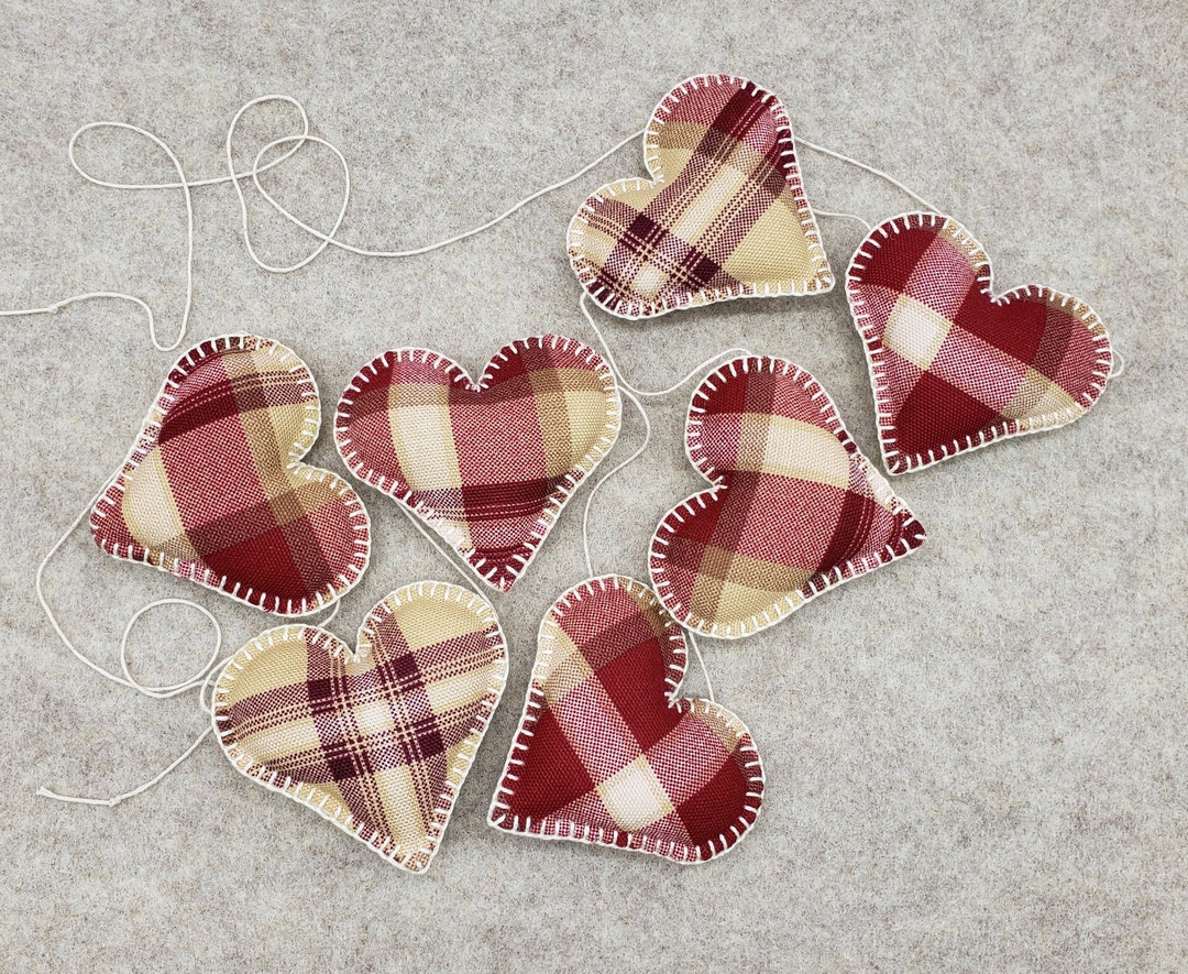 Red Plaid Homespun Fabric Heart Garland, Garland Banner, Farmhouse ...