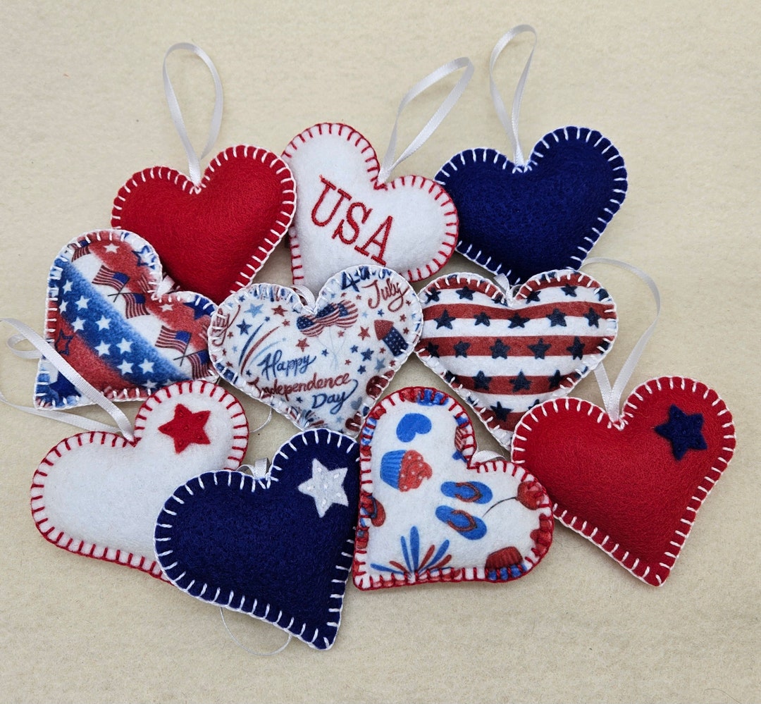 Patriotic Hanging Hearts, Small Felt Decorative Hearts, Independence ...
