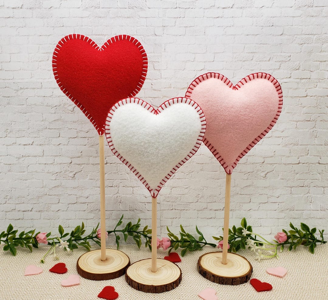 Valentines Day Decor, 3 Tall Standing Red White and Pink Heart Felt Set ...
