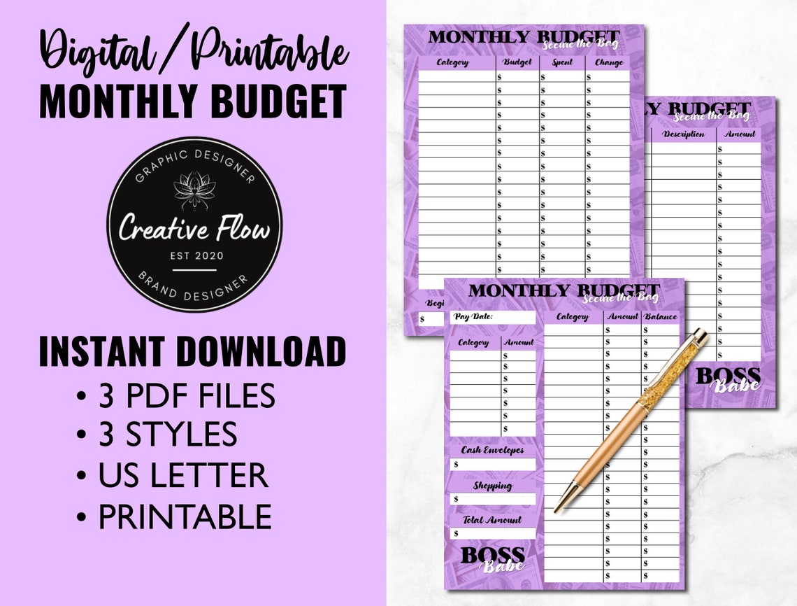 Purple Money Printable Monthly Budget Template, Monthly Expense Tracker ...