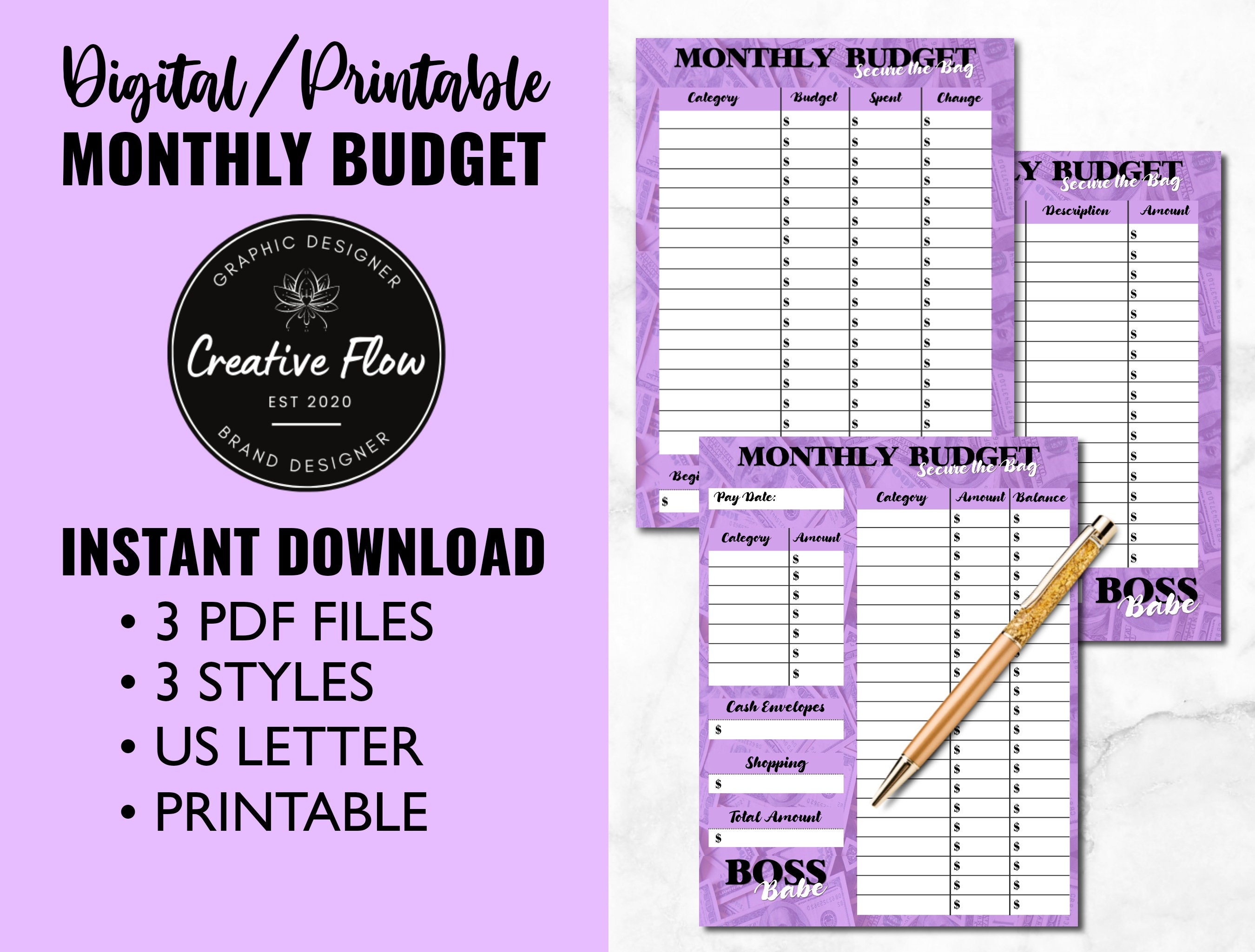 Purple Money Printable Monthly Budget Template, Monthly Expense Tracker ...