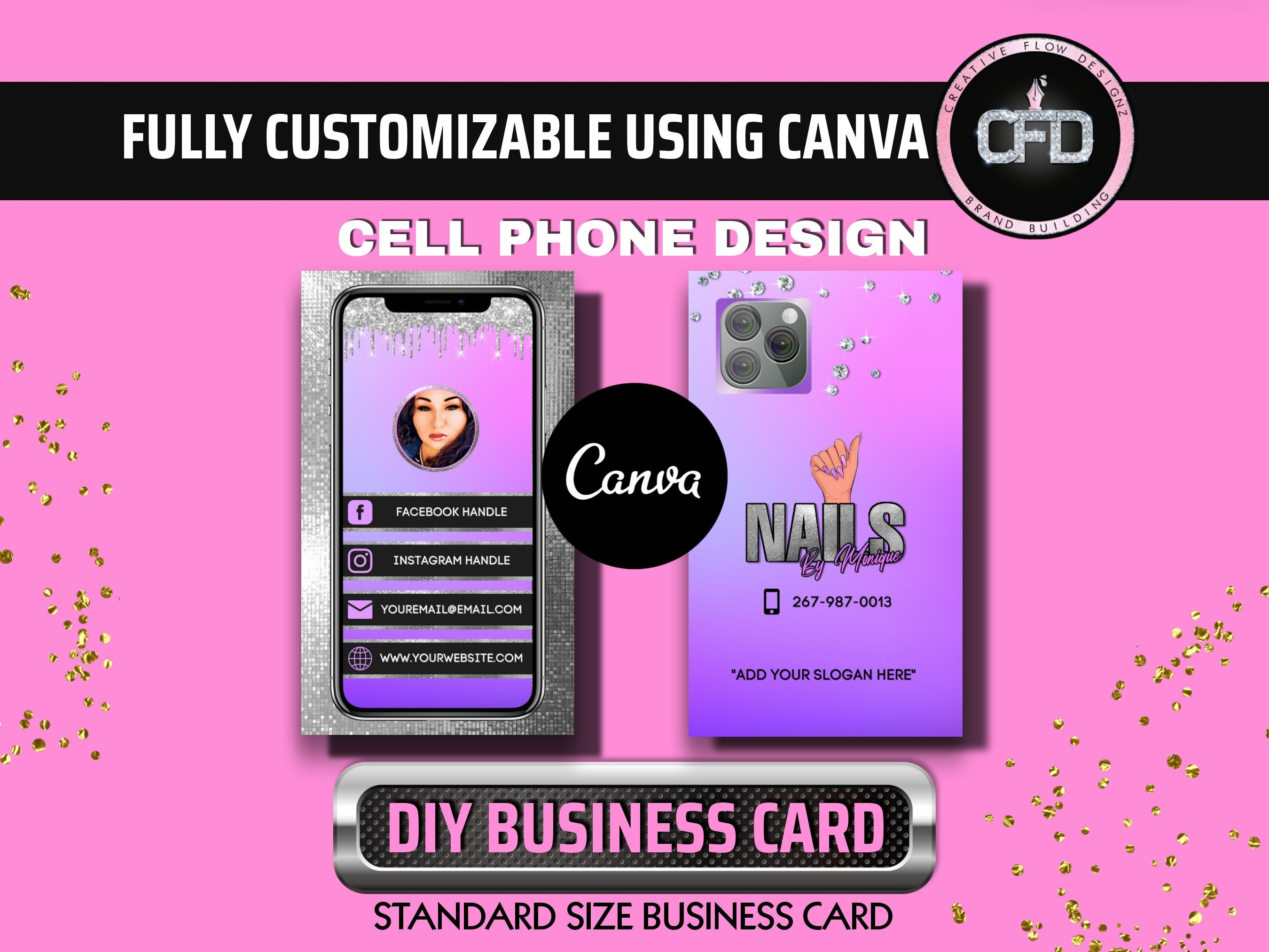 Editable Purple Cell Phone Business Card, Cell Phone Business Card ...