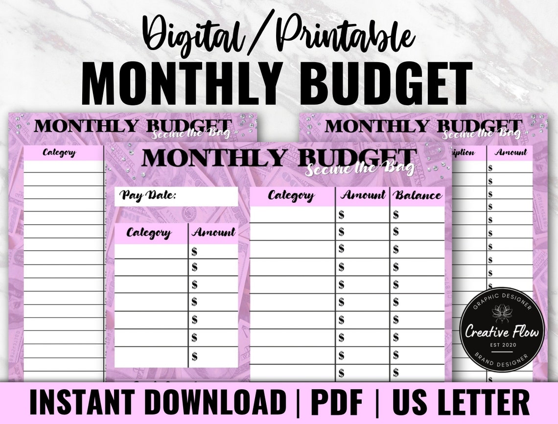 Pink Money Printable Monthly Budget, Simple Monthly Expenses Tracker ...