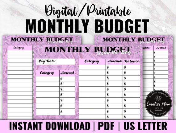 Pink Money Printable Monthly Budget Simple Monthly Expenses - Etsy