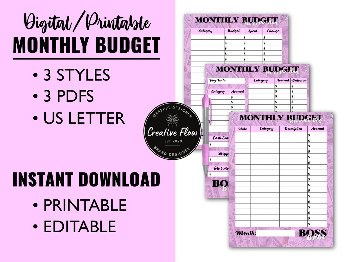 Pink Money Printable Monthly Budget, Simple Monthly Expenses Tracker ...