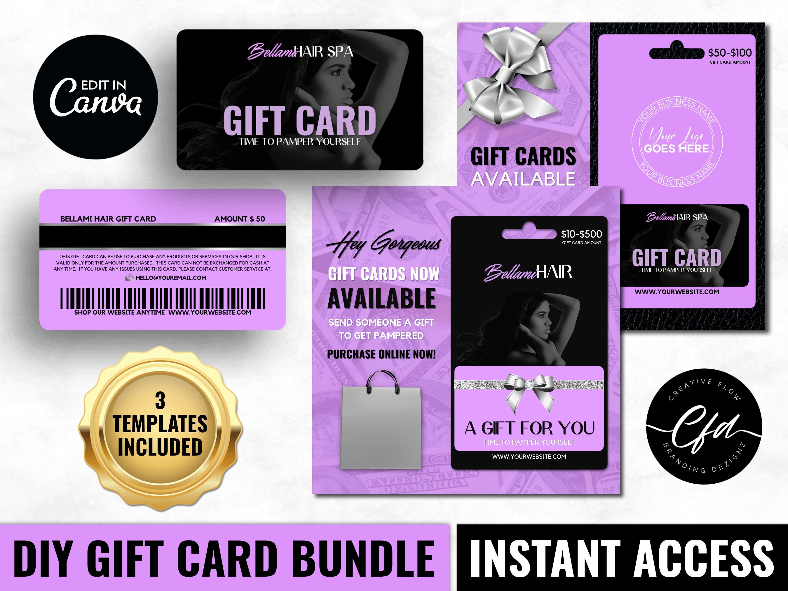 Purple and Black Editable Gift Card Bundle, Printable Gift Cards ...