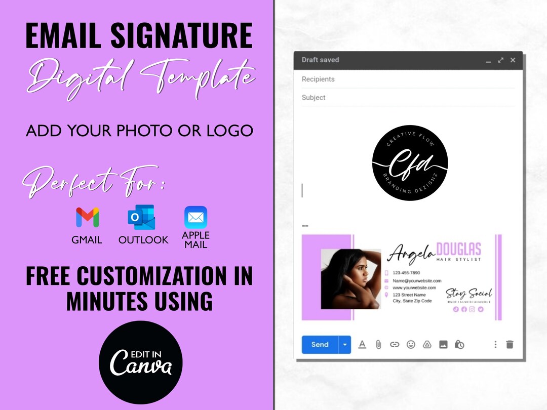 Purple Email Signature Template Design, Stylish Gmail Signature, Canva ...