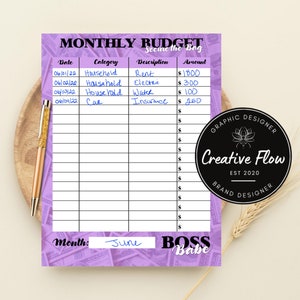 Purple Money Printable Monthly Budget Template, Monthly Expense Tracker ...
