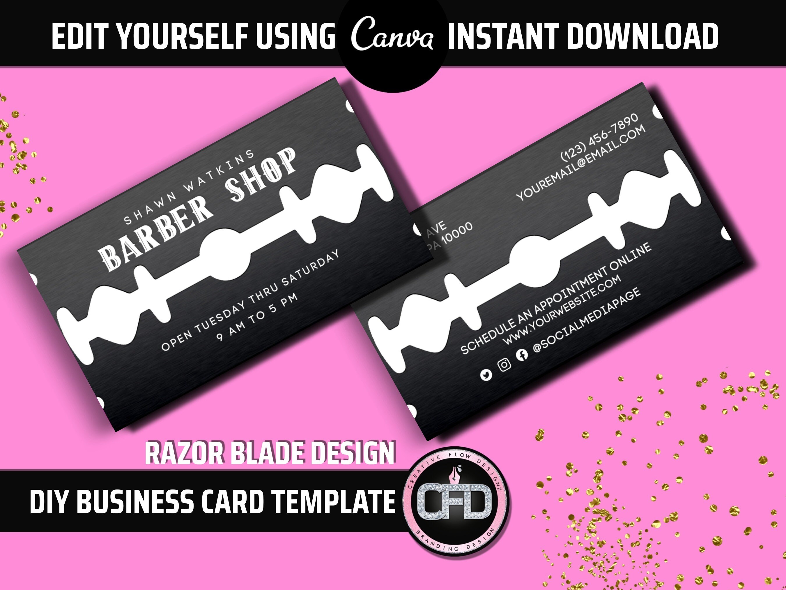 Editable Black Metal Faux Razor Blade Business Card, Barber Razer ...