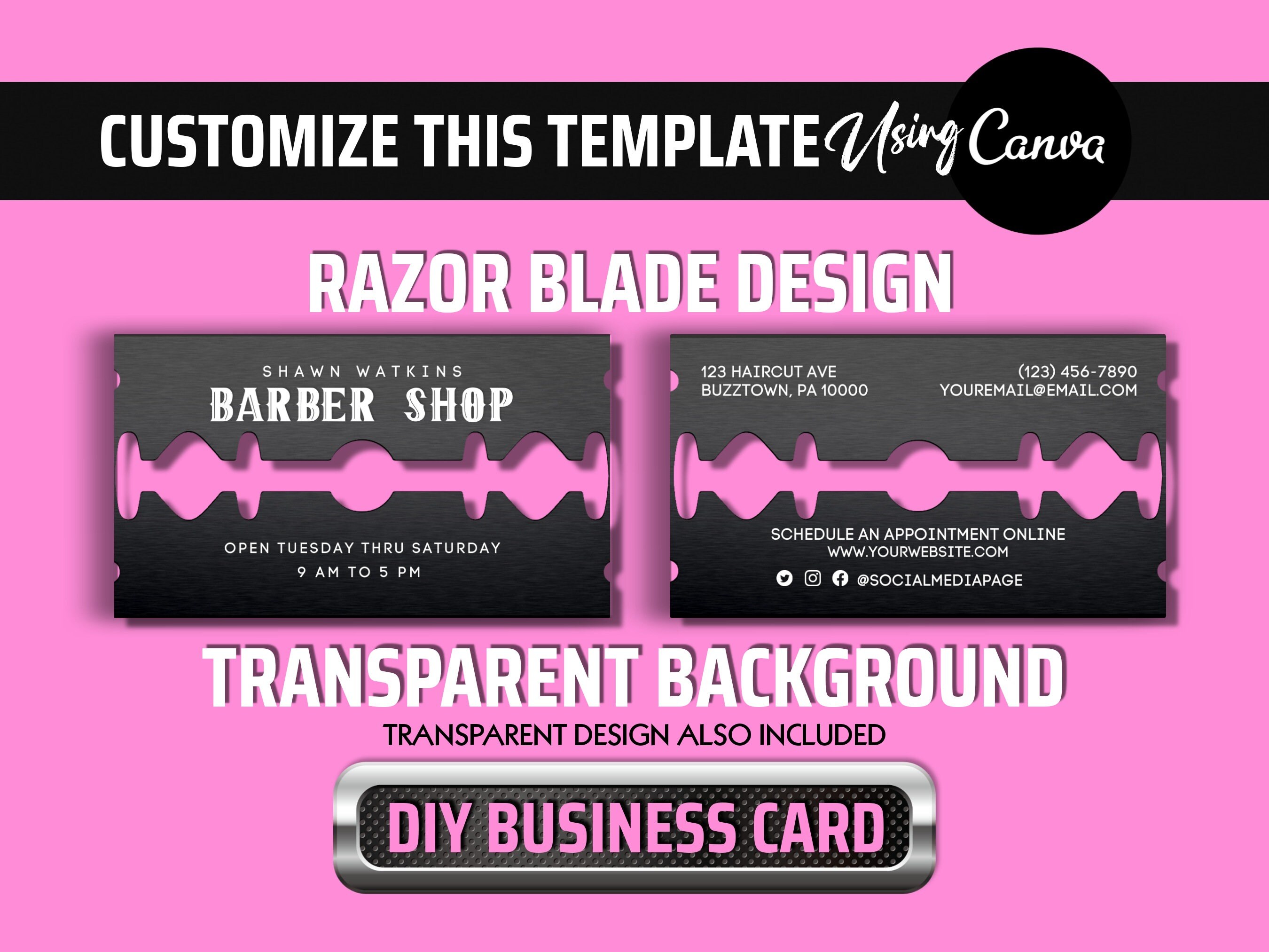 Editable Black Metal Faux Razor Blade Business Card, Barber Razer ...