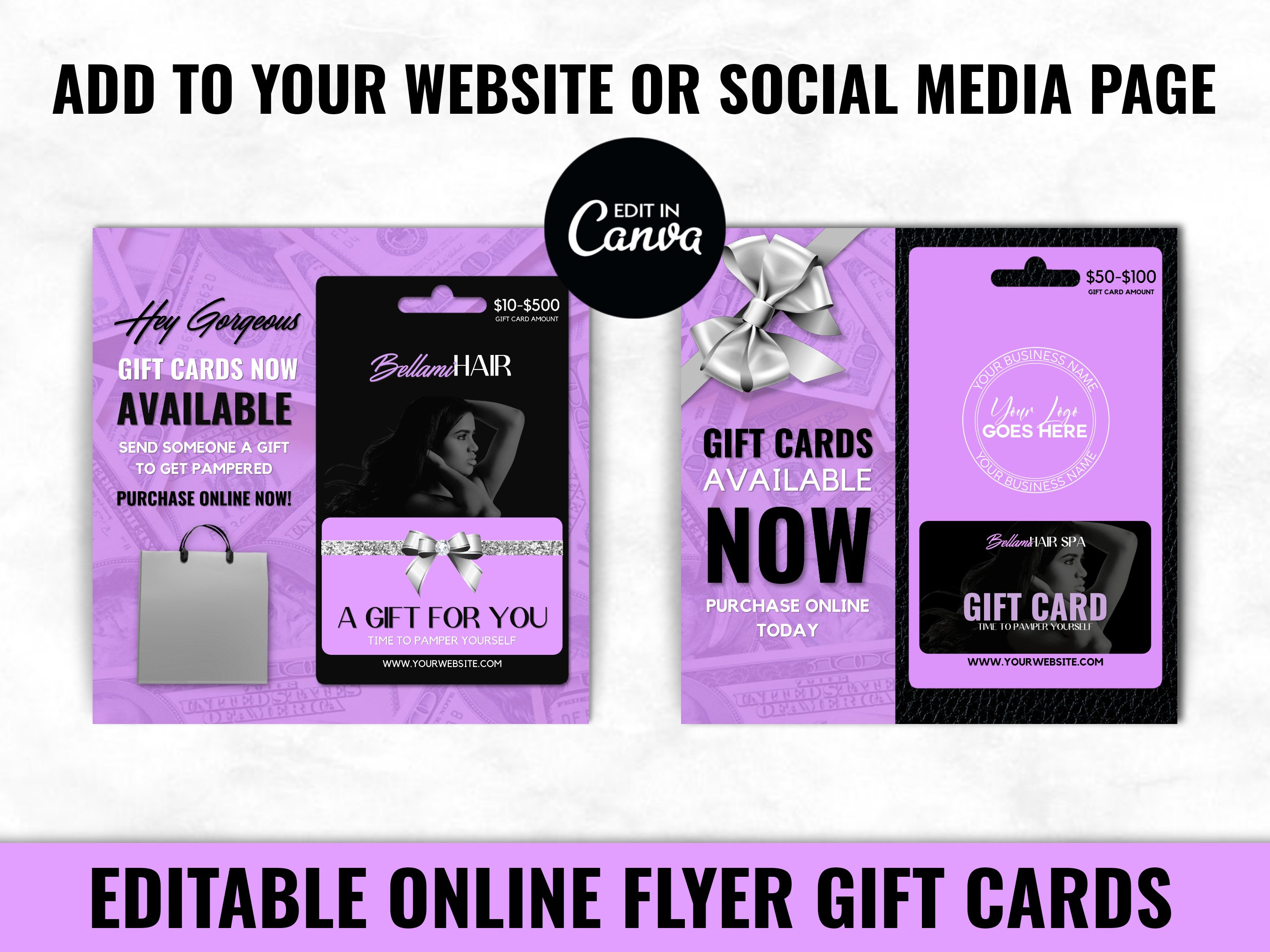 Purple and Black Editable Gift Card Bundle, Printable Gift Cards ...